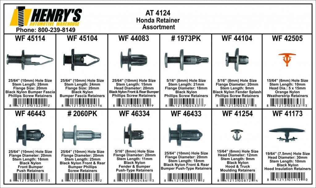 Assortment Tray Honda Retainers, 12 Styles, 121 Pieces